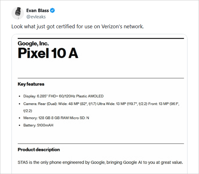 新型廉価版「Pixel 10a」スペックが携帯会社から流出、Pixel 9aと同じ『型落ち性能』で初の差別化へ | Buzzap！